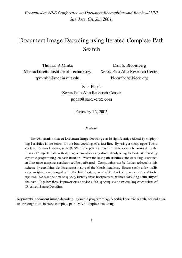 (PDF) Document image decoding using iterated complete path search