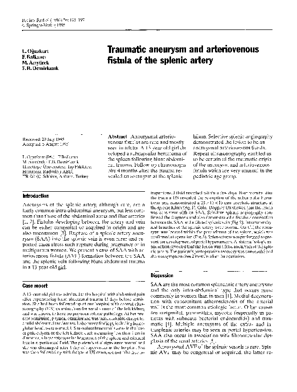 (PDF) Traumatic aneurysm and arteriovenous fistula of the splenic artery