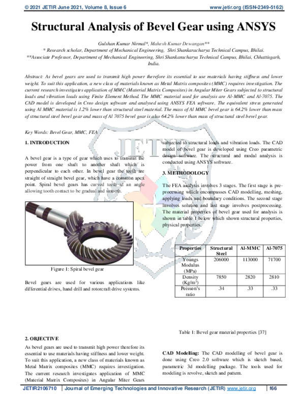 (PDF) Structural Analysis of Bevel Gear using ANSYS