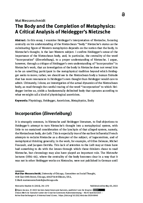 (PDF) The Body and the Completion of Metaphysics: A Critical Analysis of Heidegger’s Nietzsche