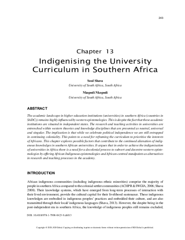 (PDF) Indigenising the University Curriculum in Southern Africa