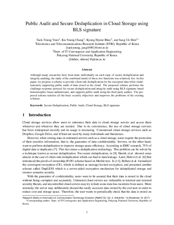 (PDF) Public Audit and Secure Deduplication in Cloud Storage using BLS signature