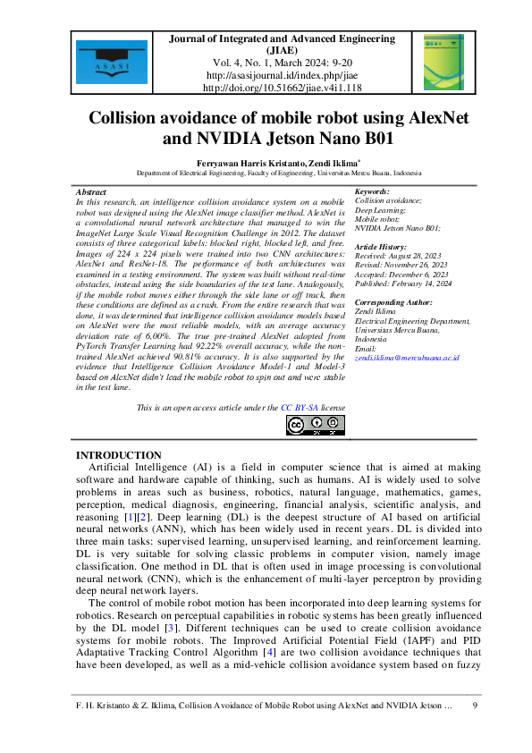 (PDF) Collision avoidance of mobile robot using Alexnet and NVIDIA ...