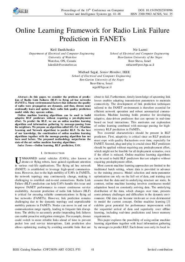 (PDF) Online Learning Framework for Radio Link Failure Prediction in FANETs