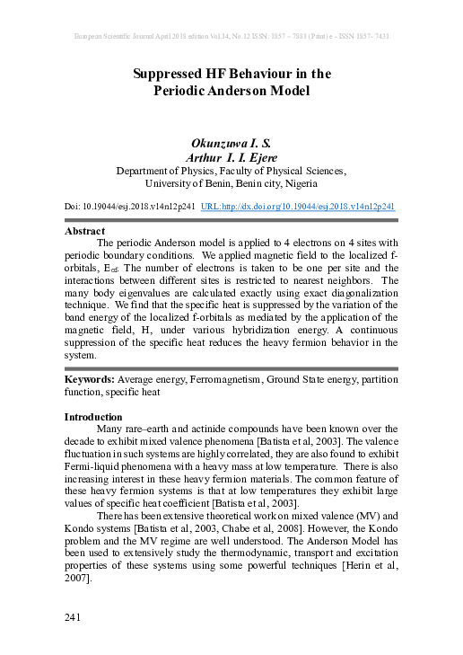 (PDF) Suppressed HF Behaviour in the Periodic Anderson Model