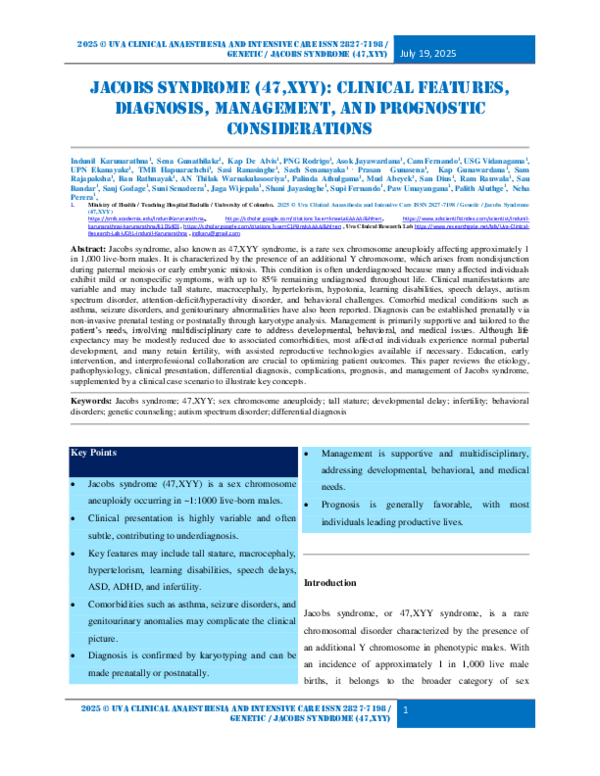 (PDF) Jacobs Syndrome (47 XYY) Clinical Features Diagnosis Management
