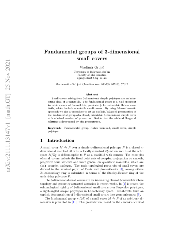 (PDF) Fundamental groups of 3-dimensional small covers