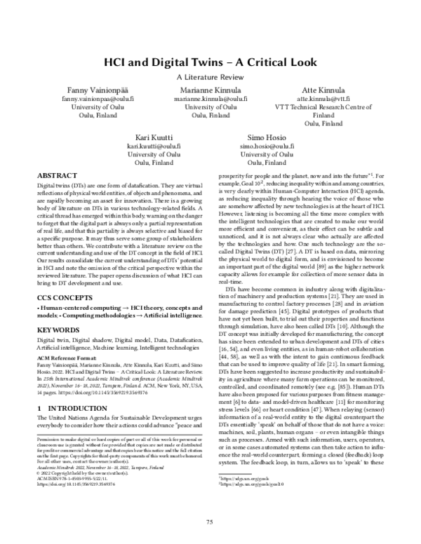 (PDF) HCI and Digital Twins – A Critical Look