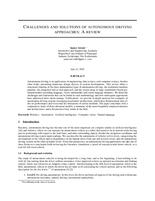 (PDF) CHALLENGES AND SOLUTIONS OF AUTONOMOUS DRIVING APPROACHES: A REVIEW