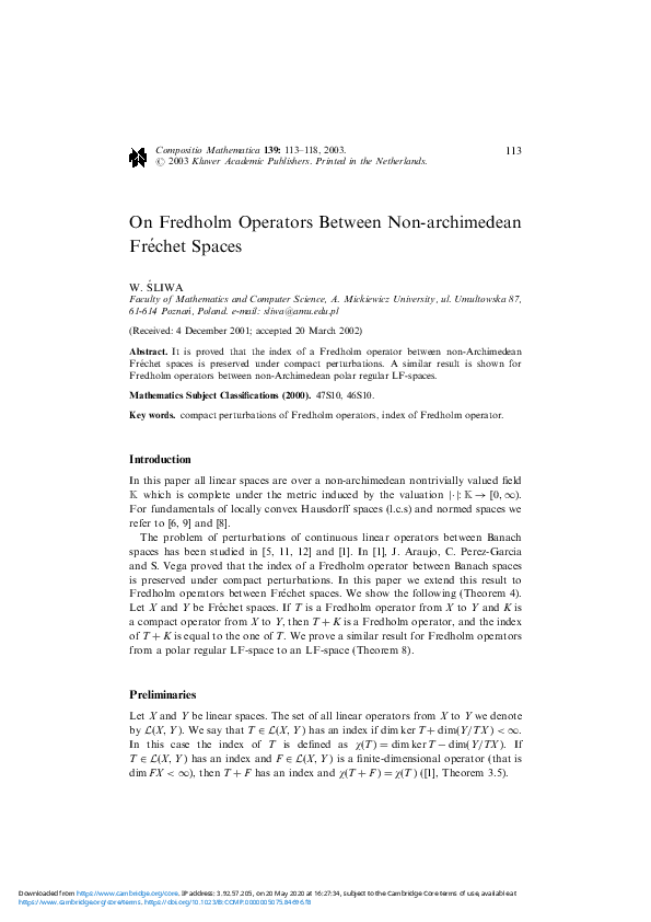 (PDF) On Fredholm Operators Between Non-archimedean Fréchet Spaces