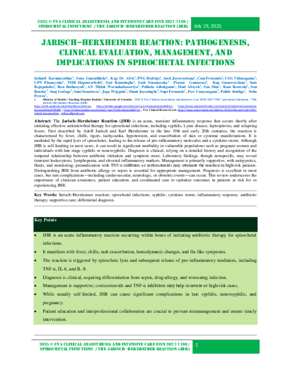 (PDF) Jarisch Herxheimer Reaction: Pathogenesis Management and ...