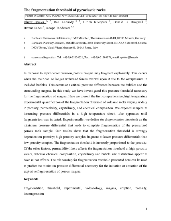 (PDF) The fragmentation threshold of pyroclastic rocks