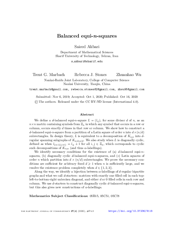 (PDF) Balanced Equi-$n$-Squares