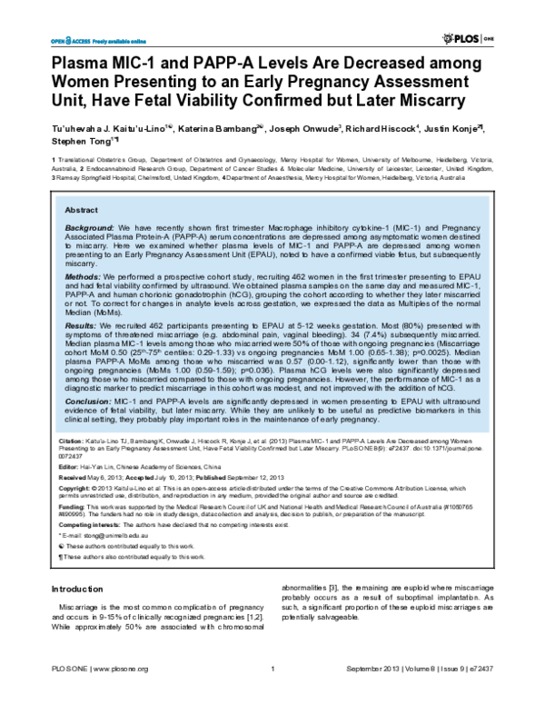 (PDF) Plasma MIC-1 and PAPP-A Levels Are Decreased among Women ...