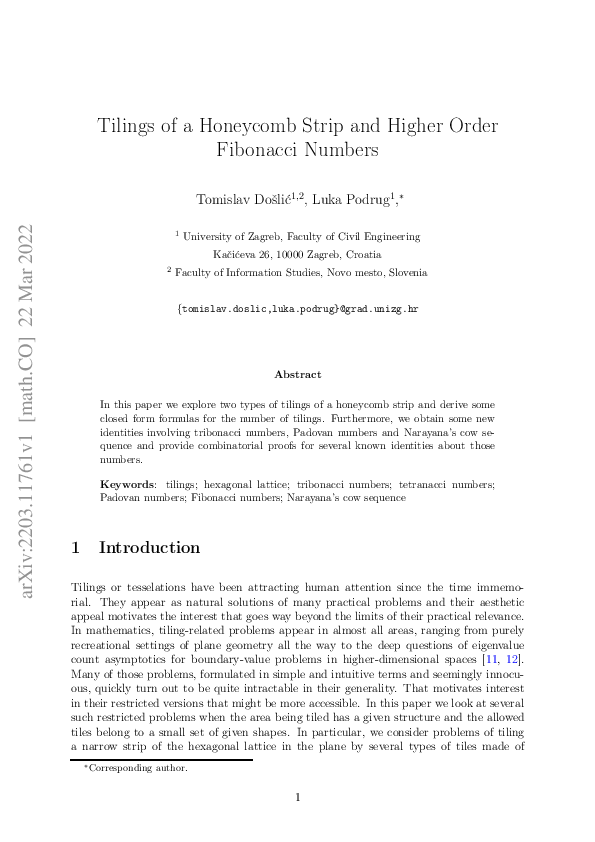 (PDF) Tilings of a Honeycomb Strip and Higher Order Fibonacci Numbers