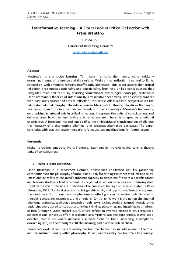(PDF) Transformative Learning-A Closer Look at Critical Reflection with Franz Brentano