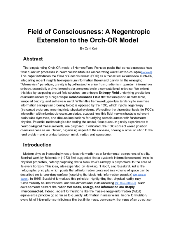 (PDF) Field of Consciousness: A Negentropic Extension to the Orch-OR Model