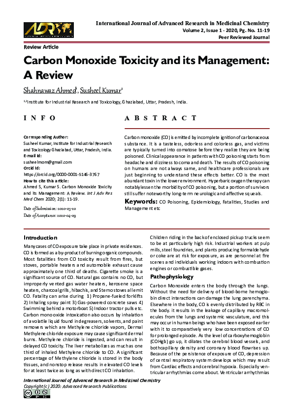 (PDF) Carbon Monoxide Toxicity and its Management: A Review