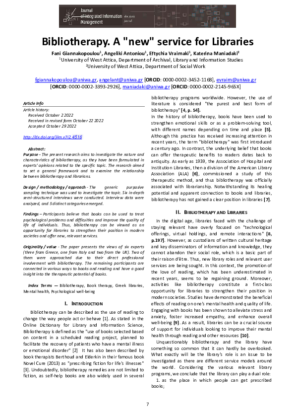 (PDF) Bibliotherapy. A "new" service for Libraries