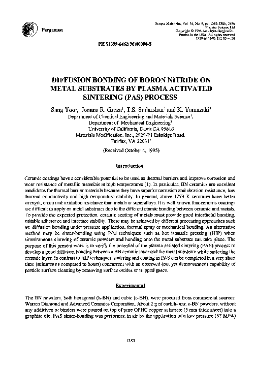 (PDF) Diffusion bonding of boron nitride on metal substrates by plasma ...