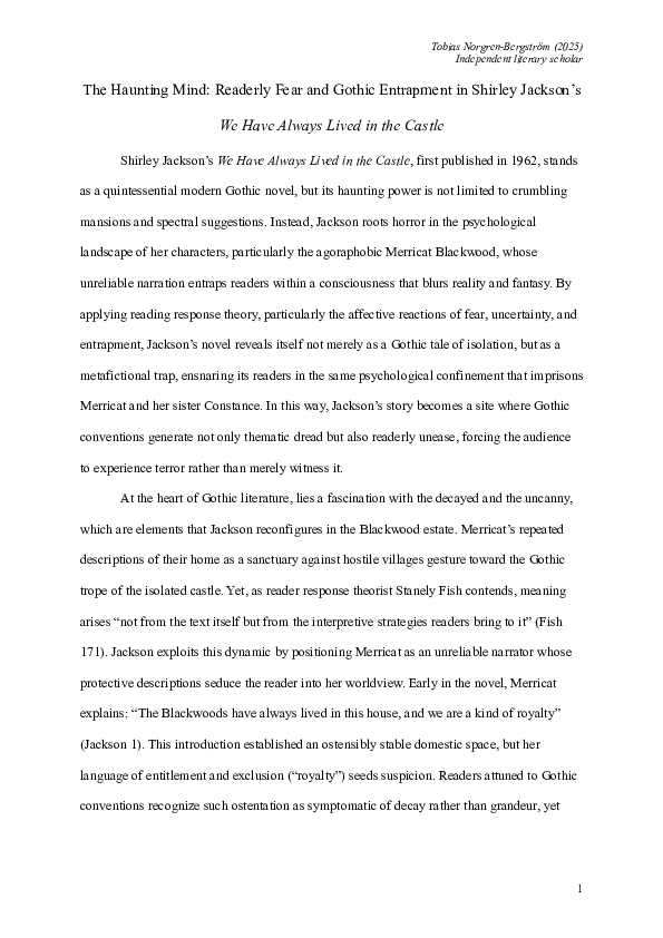 (PDF) The Haunting Mind: Readerly Fear and Gothic Entrapment in Shirley ...