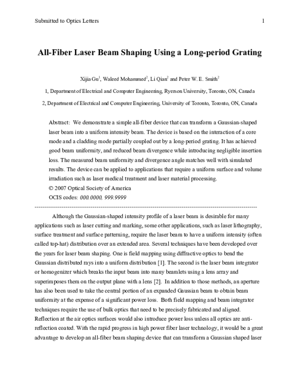 (PDF) All-Fiber Laser Beam Shaping Using a Long-Period Grating
