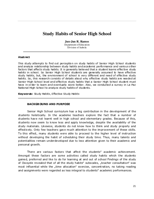 (PDF) Study Habits of Senior High School