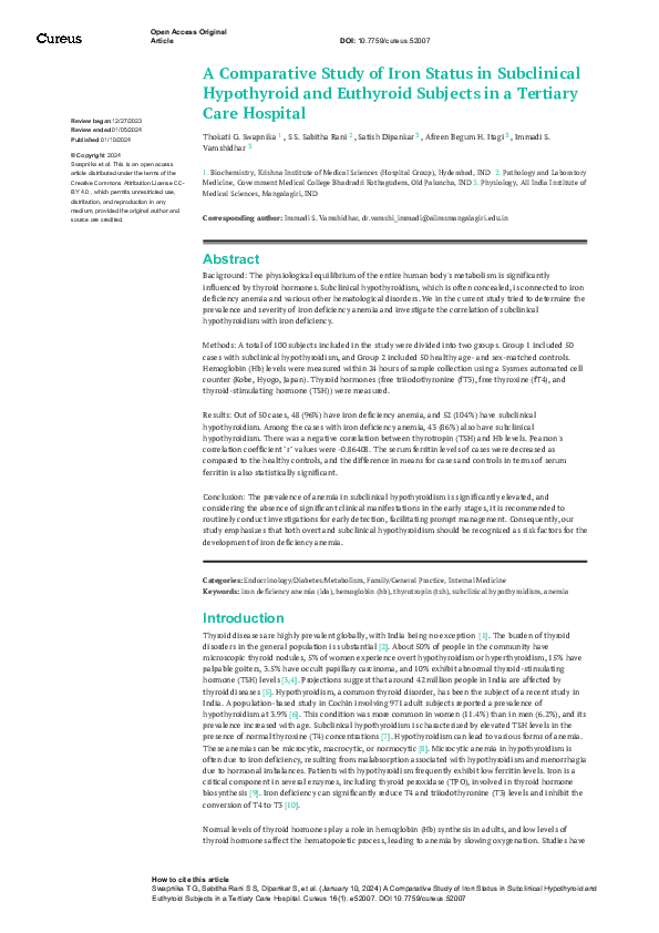 (PDF) A Comparative Study of Iron Status in Subclinical Hypothyroid and ...