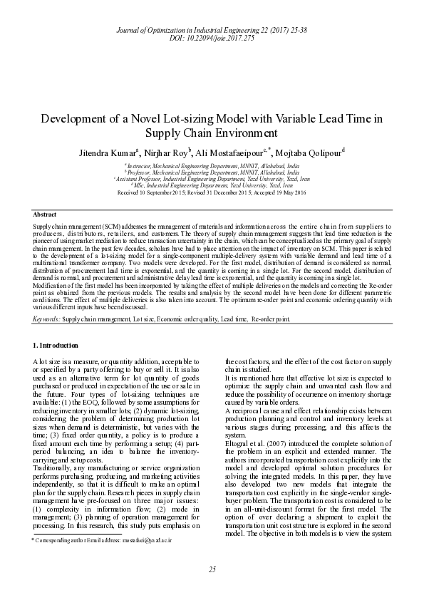 (PDF) Development of a novel lot sizing model with variable lead time ...