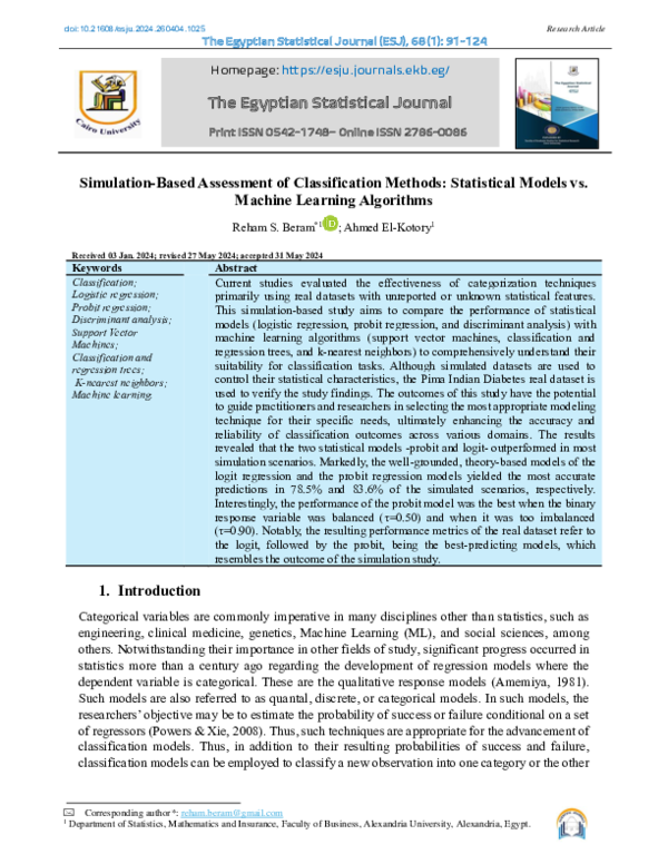 (PDF) Simulation-Based Assessment of Classification Methods: Statistical Models vs. Machine ...
