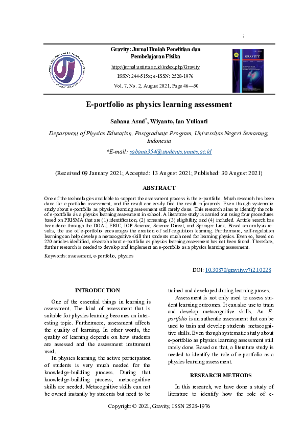 (PDF) E-portfolio as physics learning assessment