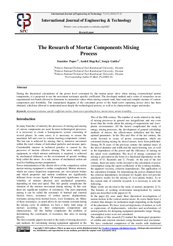 (PDF) The Research of Mortar Components Mixing Process