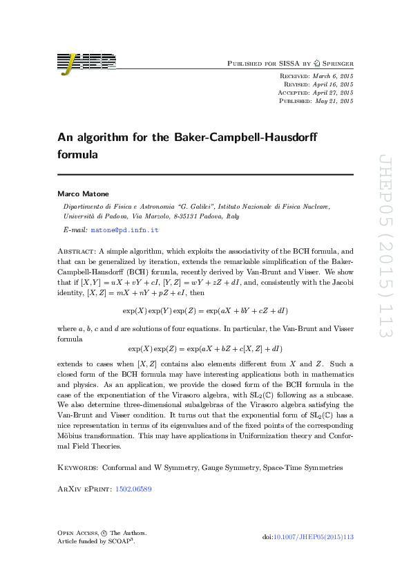 (PDF) An algorithm for the Baker-Campbell-Hausdorff formula