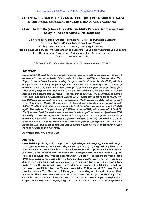 (PDF) TSH DAN fT4 DENGAN INDEKS MASSA TUBUH (IMT) PADA PASIEN DEWASA ...