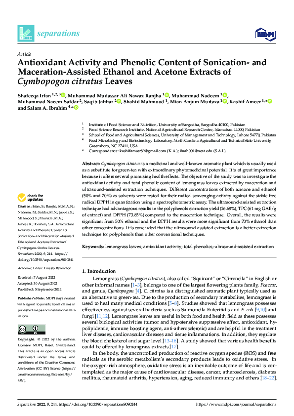 (PDF) Antioxidant Activity and Phenolic Content of Sonication- and ...
