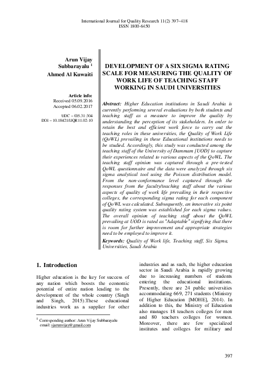 (PDF) DEVELOPMENT OF A SIX SIGMA RATING SCALE FOR MEASURING THE QUALITY ...