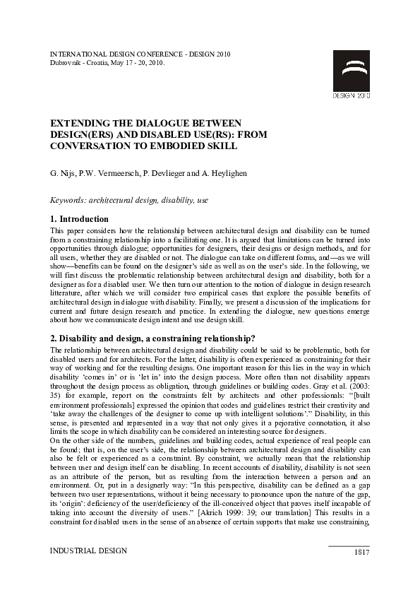 (PDF) Extending the Dialogue Between Design (Ers) and Disabled Use (RS ...