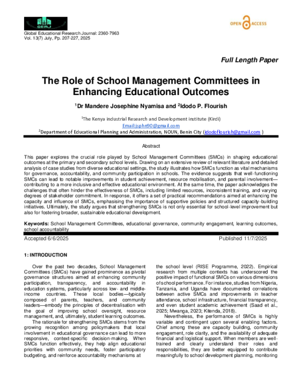 (PDF) The Role of School Management Committees in Enhancing Educational ...