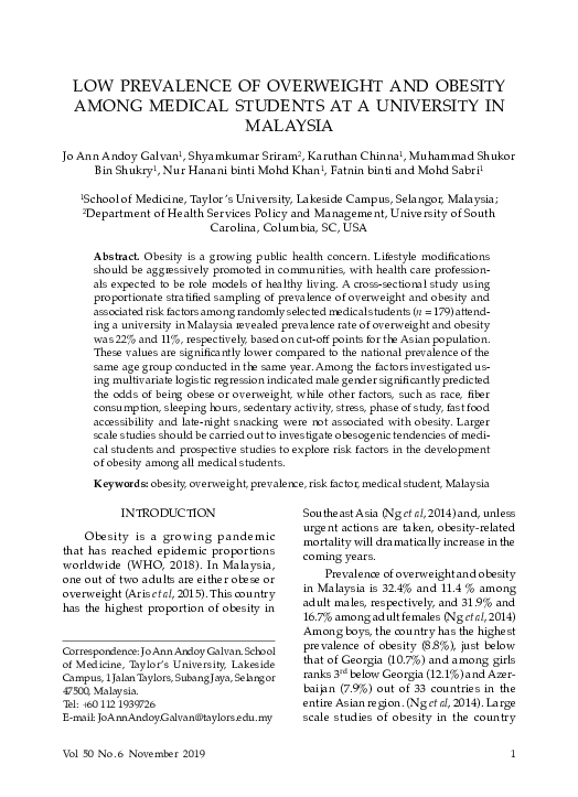 (PDF) Low Prevalence of Overweight and Obesity Among Medical Students ...