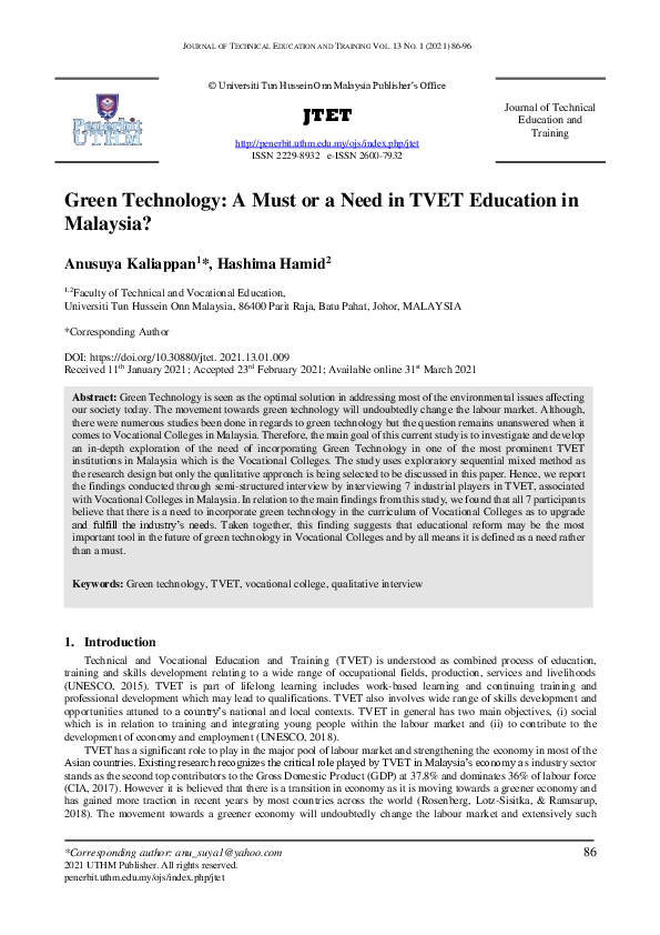 (PDF) Green Technology: A Must or a Need in TVET Education in Malaysia?