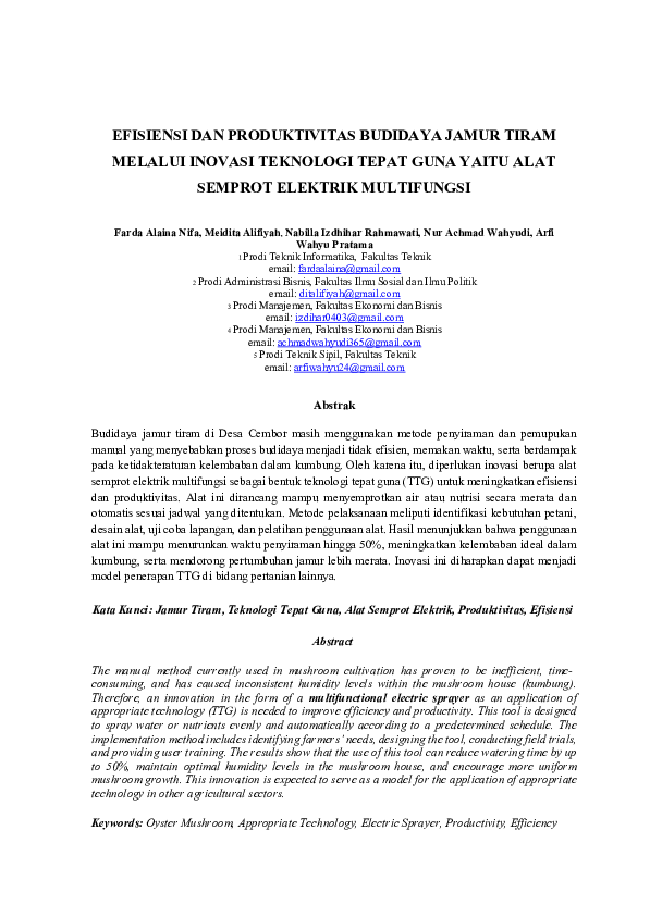 (PDF) EFISIENSI DAN PRODUKTIVITAS BUDIDAYA JAMUR TIRAM MELALUI INOVASI TEKNOLOGI TEPAT GUNA ...