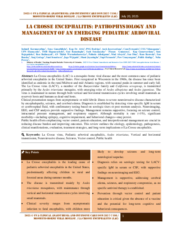 (PDF) La Crosse Encephalitis: Pathophysiology and Management of an Emerging Pediatric Arboviral ...
