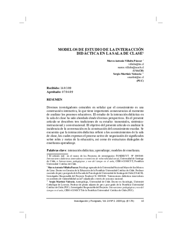 (PDF) Modelos De Estudio De La Interacción Didáctica en La Sala De CLASE1