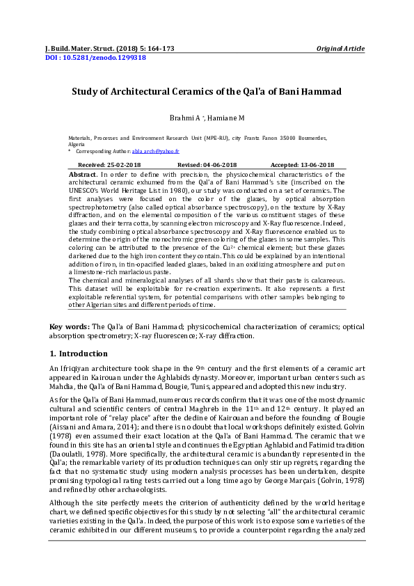 (PDF) Study of Architectural Ceramics of the Qal'a of Bani Hammad