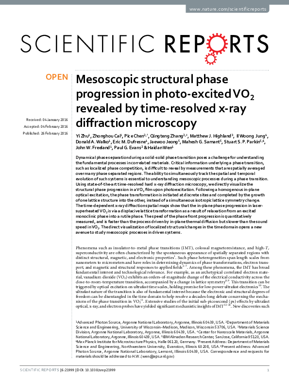 (PDF) Mesoscopic structural phase progression in photo-excited VO2 revealed by time-resolved x ...