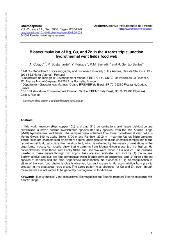 (PDF) Bioaccumulation of Hg, Cu, and Zn in the Azores triple junction ...