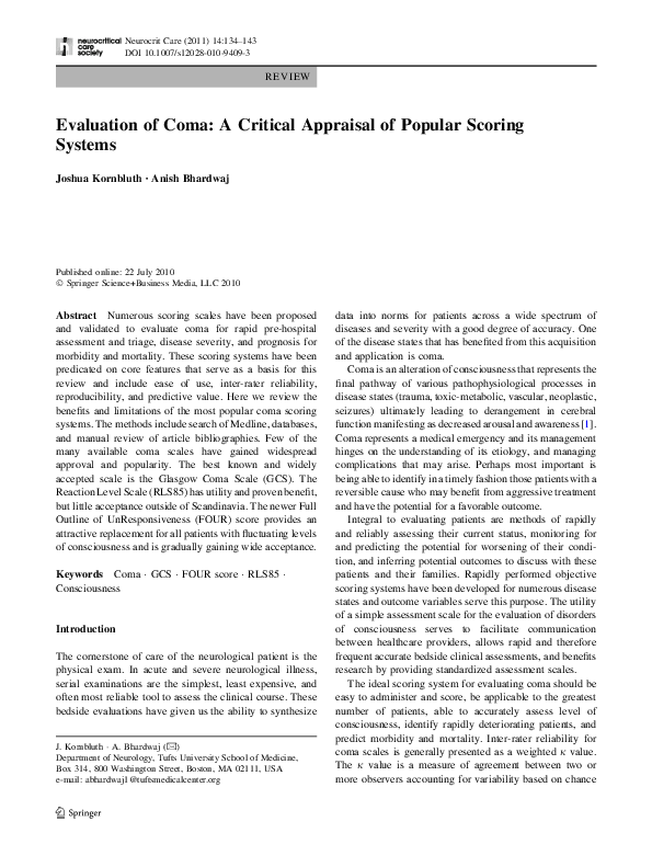 (PDF) Evaluation of Coma: A Critical Appraisal of Popular Scoring Systems
