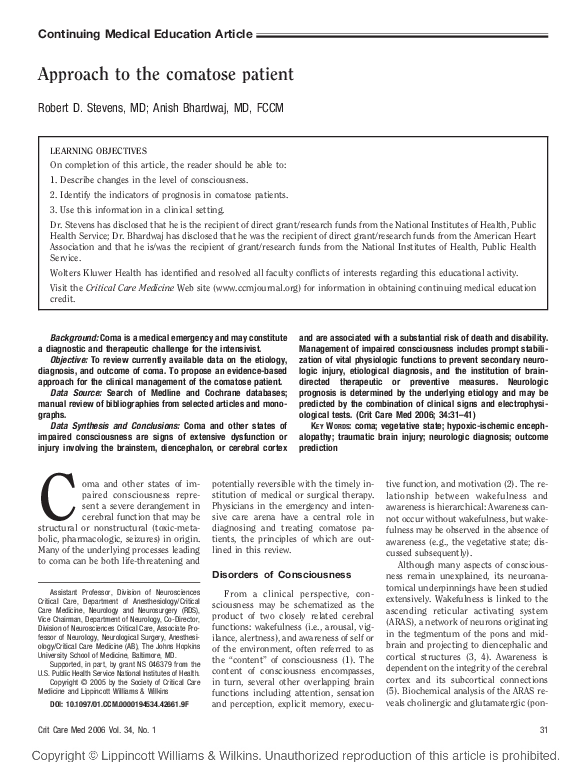 (PDF) Approach to the comatose patient