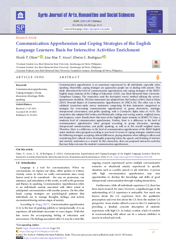 (PDF) Communication Apprehension and Coping Strategies of the English ...