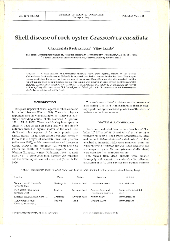 (PDF) Shell disease of rock oyster Crassostrea cucullata